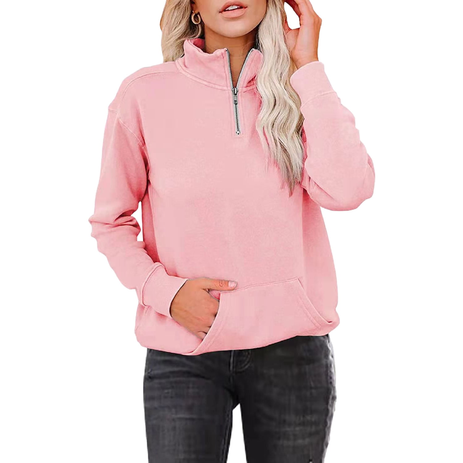 Women's Quarter Zip Lightweight Pullover Sweatshirts Solid Color Long ...