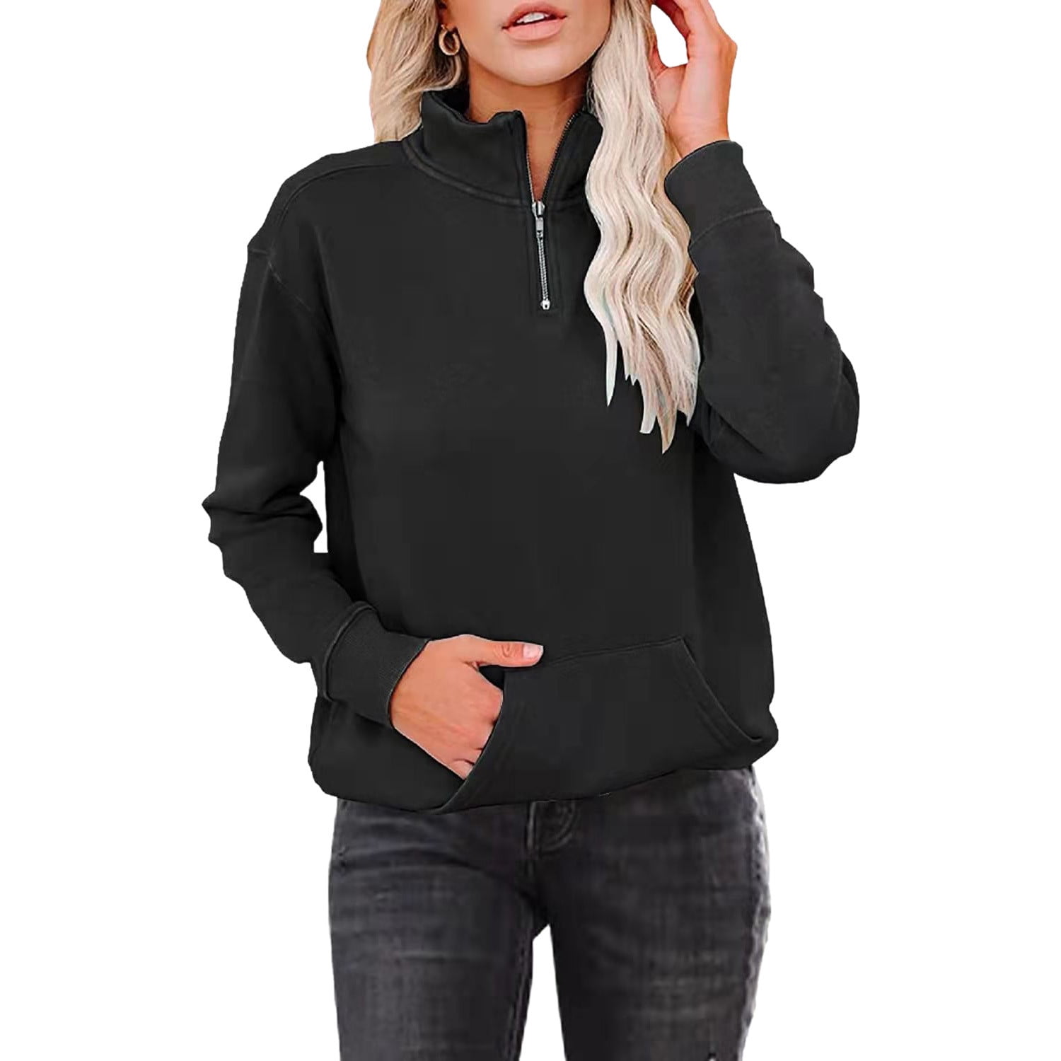 Women's Quarter Zip Lightweight Pullover Sweatshirts Solid Color Long ...