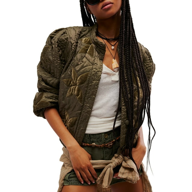 Women's Quilted Lightweight Floral Embroidery Jacket Cropped Button ...