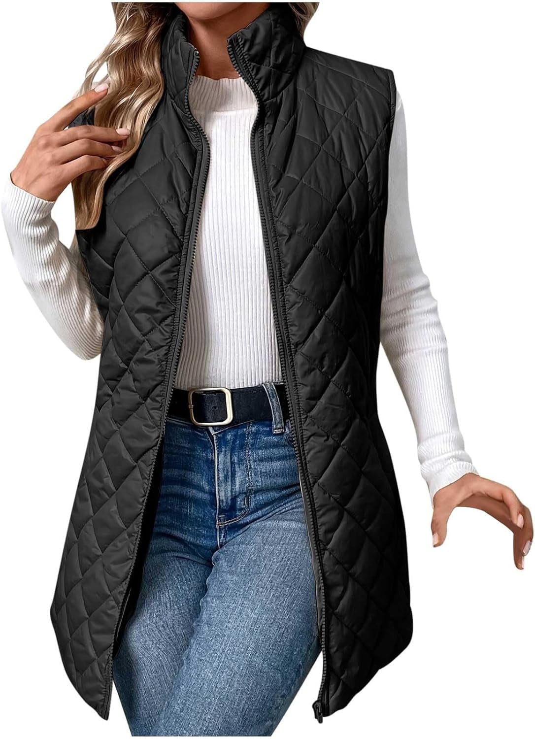 Women's Quilted Long Vest Basic Solid Color Lightweight Padded Gilet ...