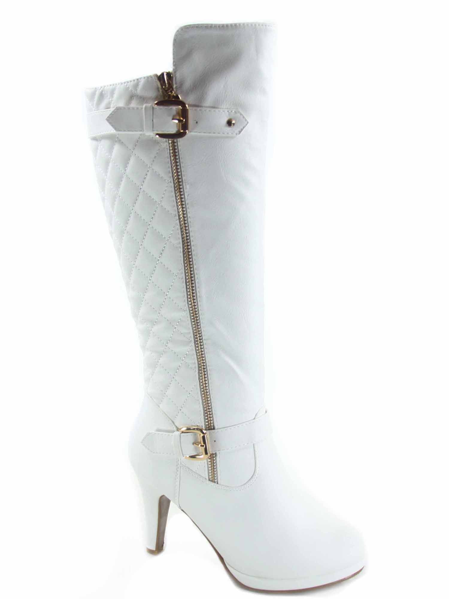 Women's Quilted Round Toe High Heel Platform Mid-Calf Knee High Boots ...