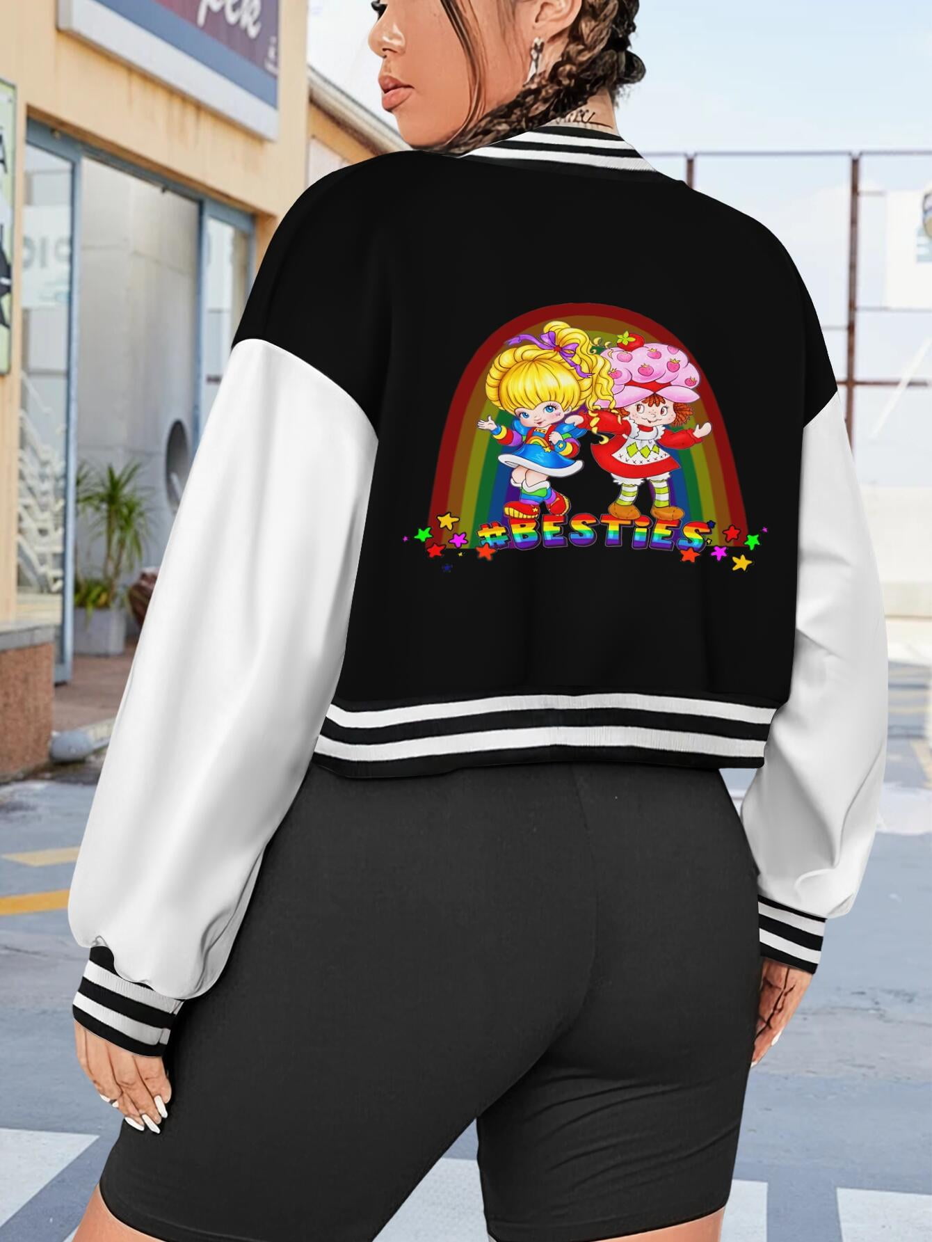 Women's Rainbow Baseball Jacket Besties Hoodie Plus Size Bomber Jacket ...