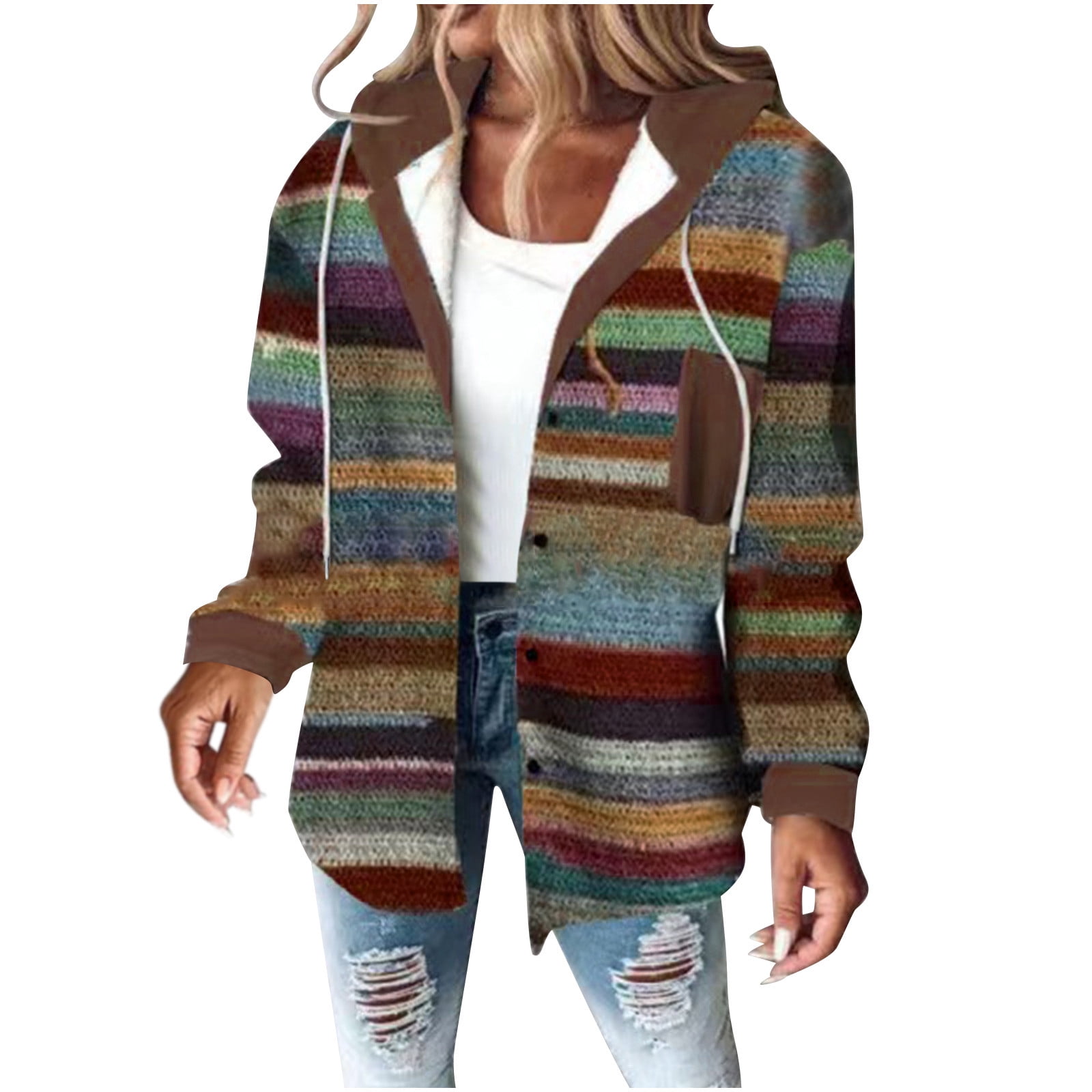 Women's Rainbow Jackets Fashion Striped Button Down Hooded Autumn ...