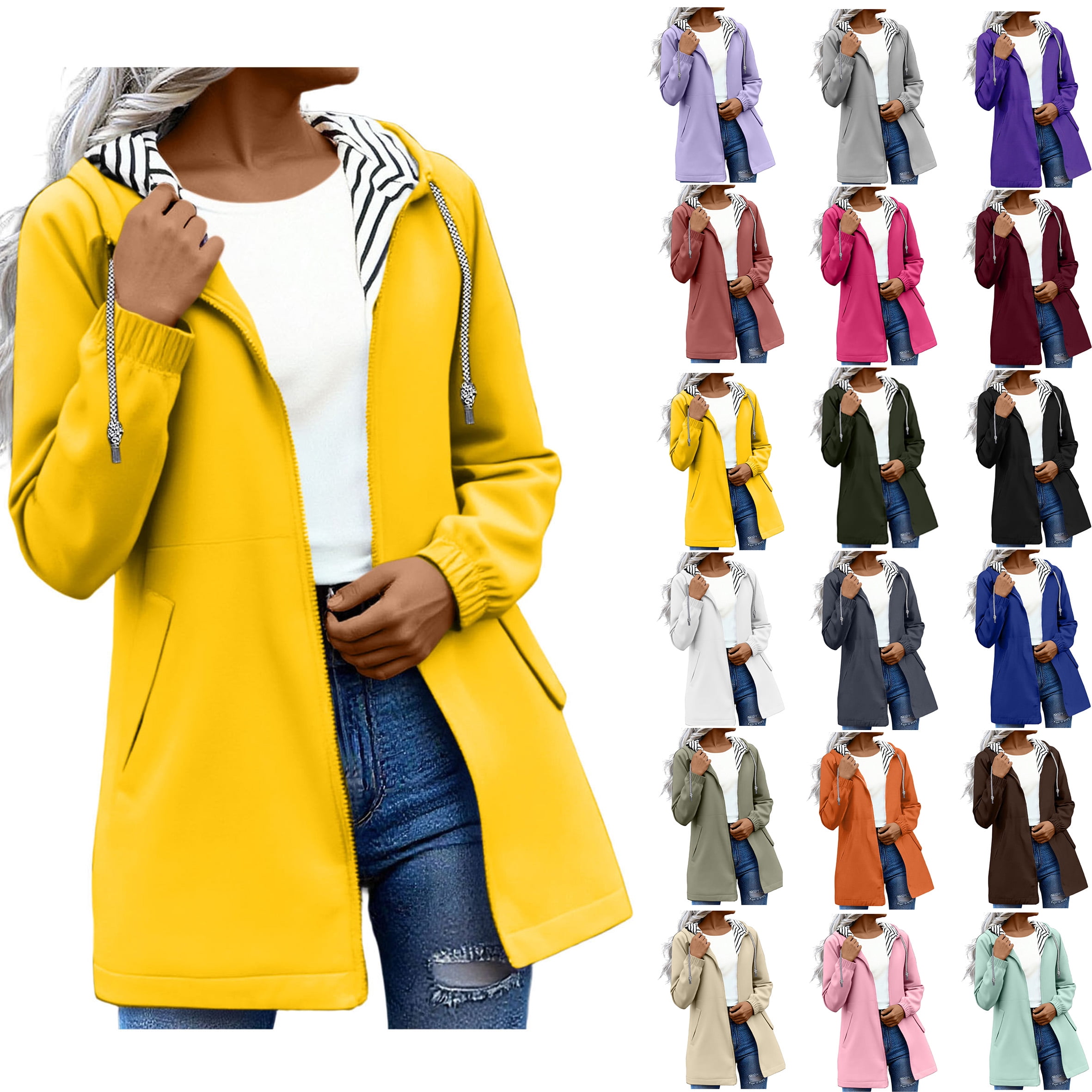 Women's Raincoats Women Solid Rain Jacket Outdoor Plus Size Hooded ...
