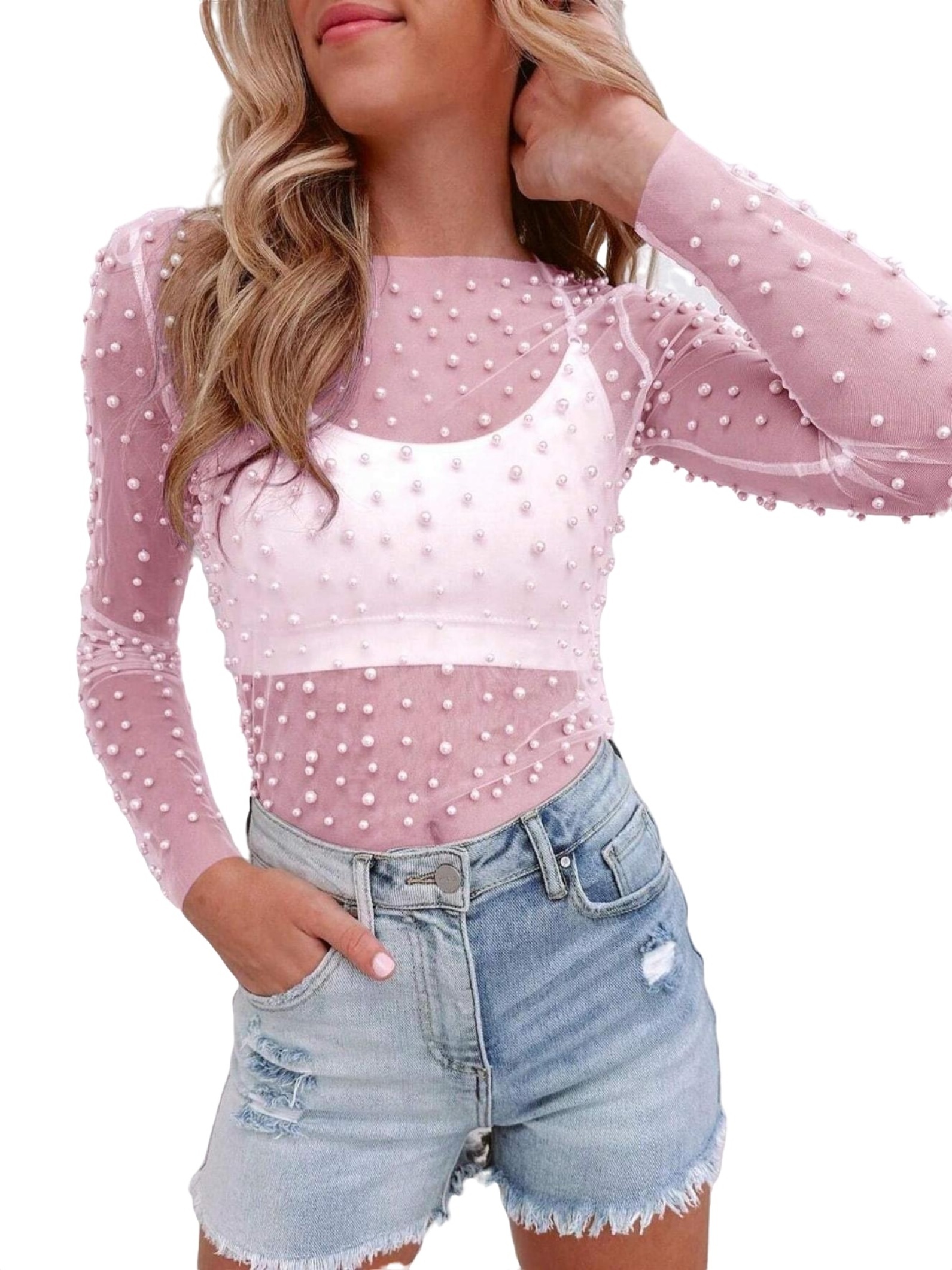 Women’s Rave Pearl Beaded Sheer Mesh See Through Long Sleeve Crop Cover ...