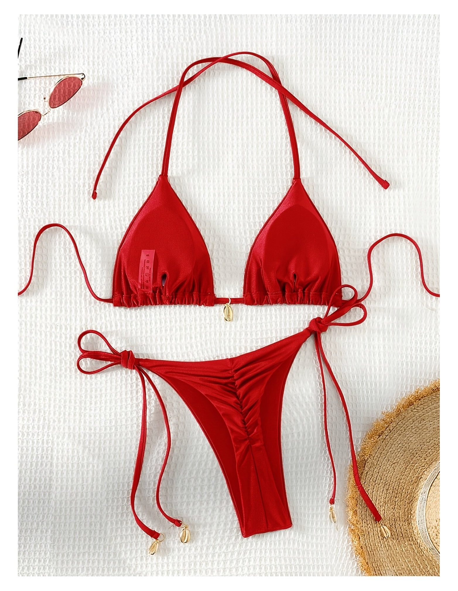 Women's Red Bikini Set - Halter Two Piece Swimsuit Adjustable Tie ...