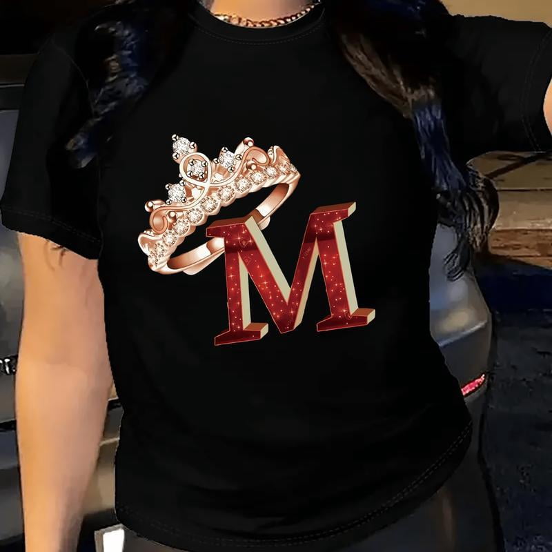 Women's Red Graphic T-Shirt - Crown & Diamond "M" Design, Soft ...