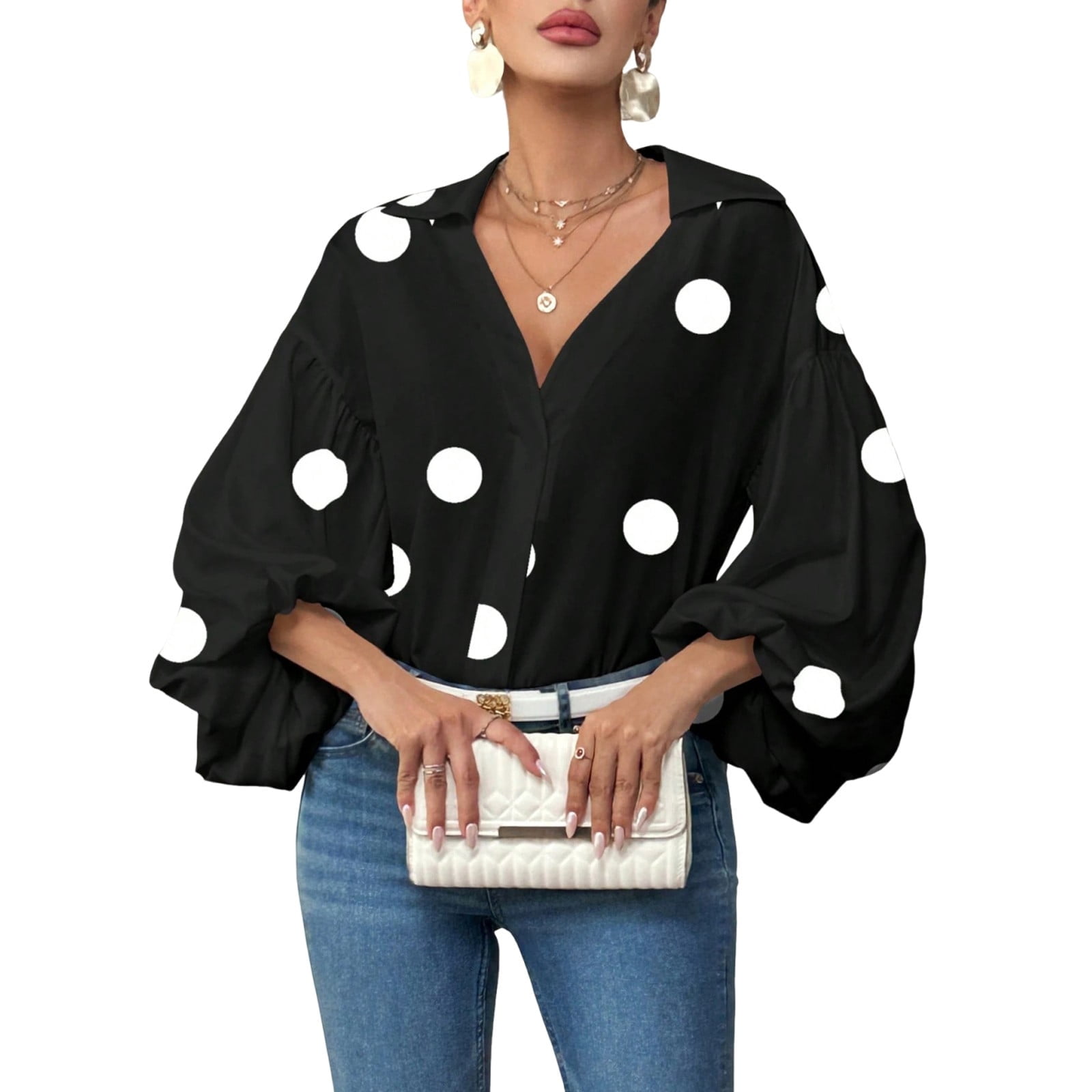 Women’s Polka Dot Blouse, Long Sleeve V-Neck Button Down Shirt, Casual ...