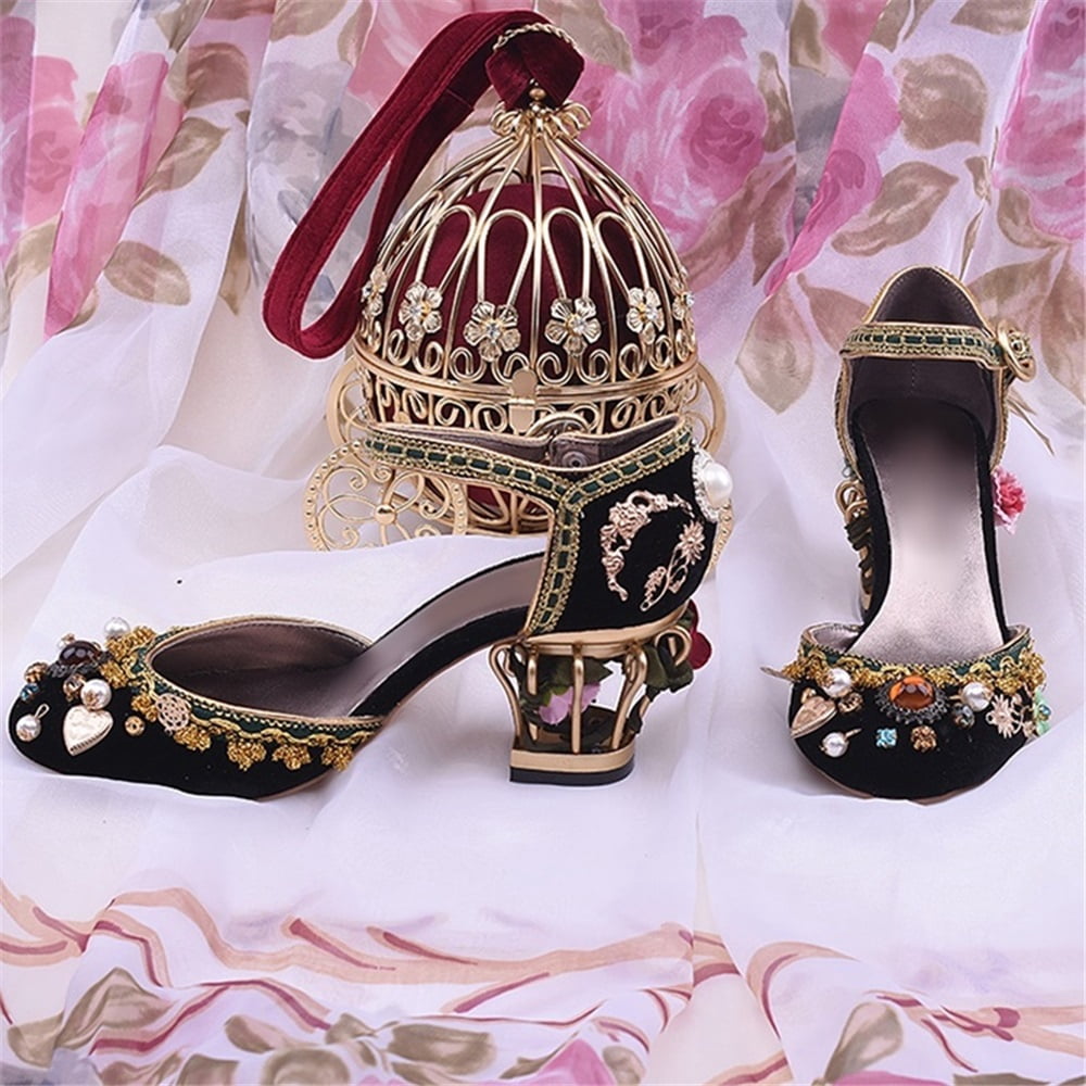 Women's Red Velvet Heels - 3.1" Birdcage Embroidery Sandals With ...