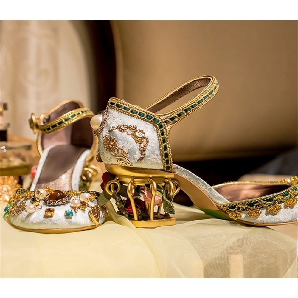 Women's Red Velvet Heels - 3.1" Birdcage Embroidery Sandals With ...