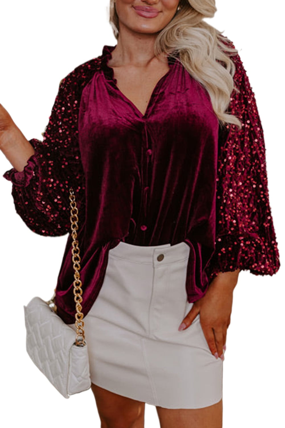 Women's Red Velvet Top with Sequin Patchwork Sleeves - Button Up Style ...