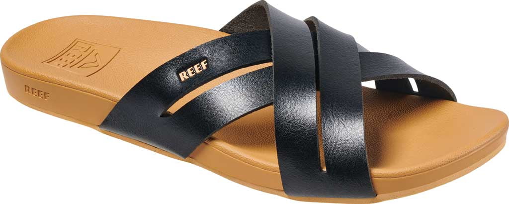 Women's Reef Cushion Spring Bloom Vegan Slide Black/Tan Vegan Leather ...