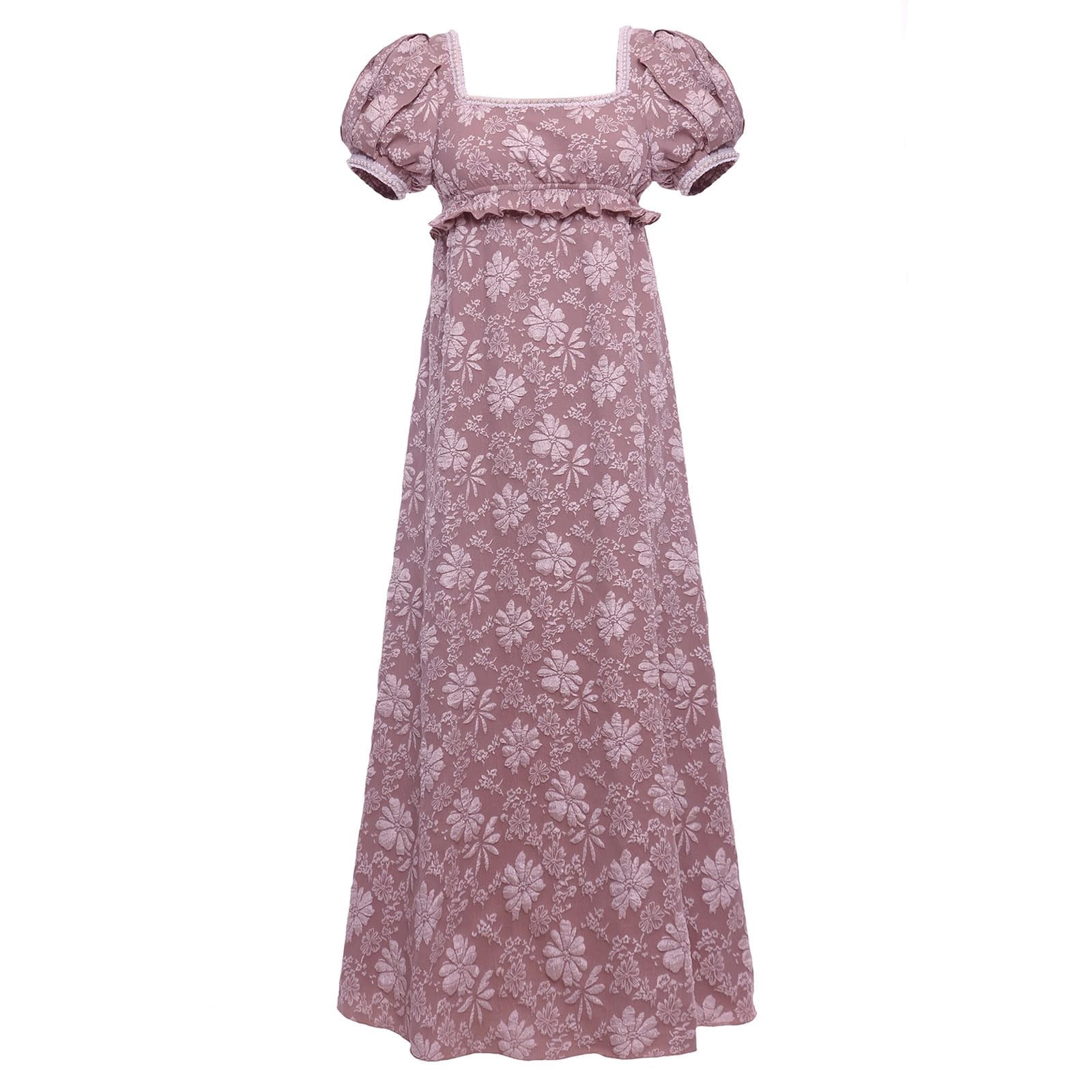 Women's Regency-Era Gown - Elegant Pearl-Embellished Dress with Puff ...