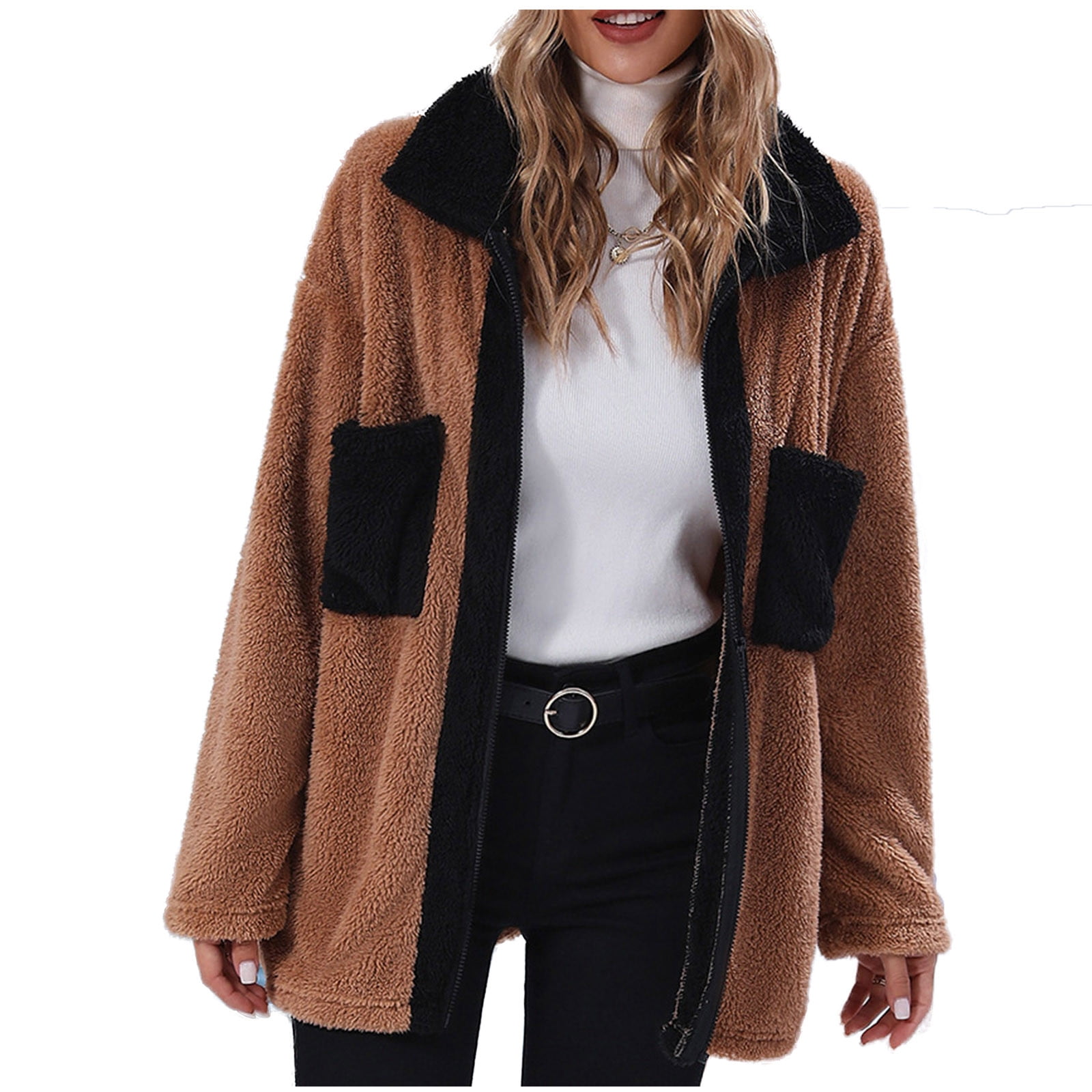 Women's Regular-fit Long Sleeve Fleece Fuzzy Plaid Shacket Jackets ...