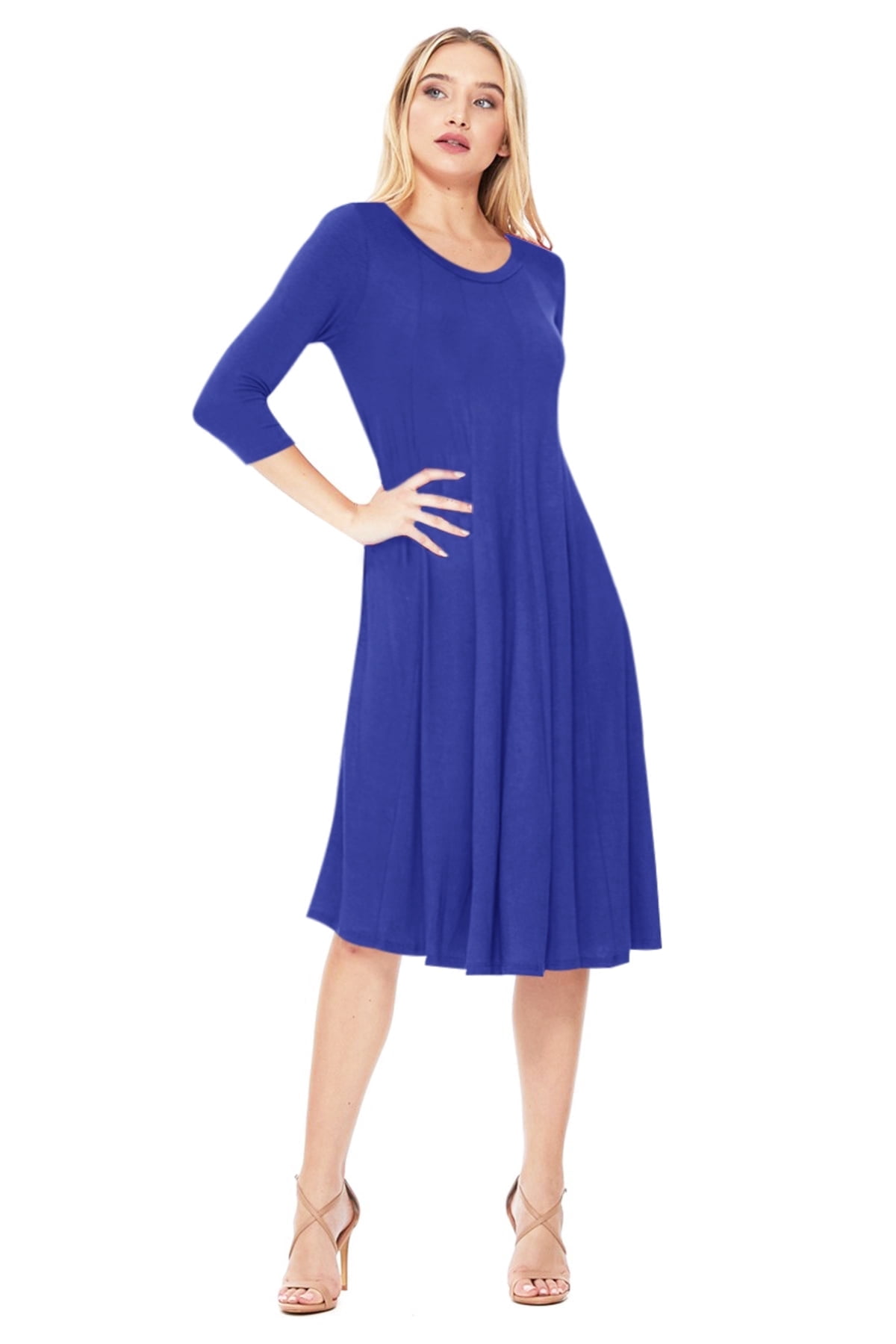 Women's Relexed Fit 3/4 Sleeve Round Neck A-Line Long Dress - Walmart.com