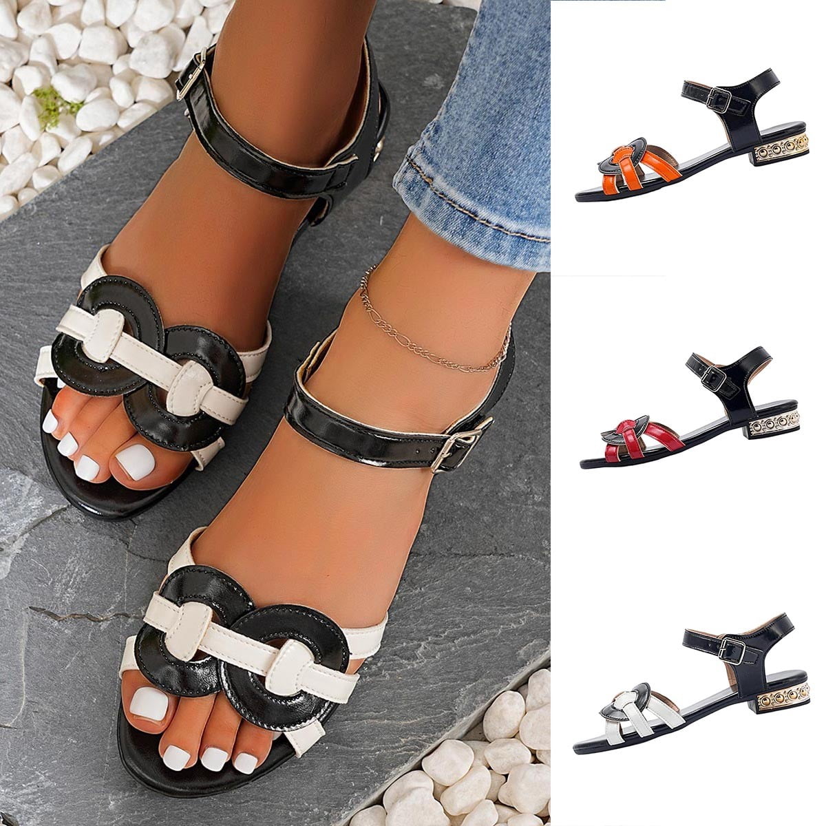 Women's Retro Color-Block Woven Block Heel Sandals Casual Open Toe ...