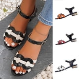 Women's Retro Color-Block Woven Block Heel Sandals Casual Open Toe ...