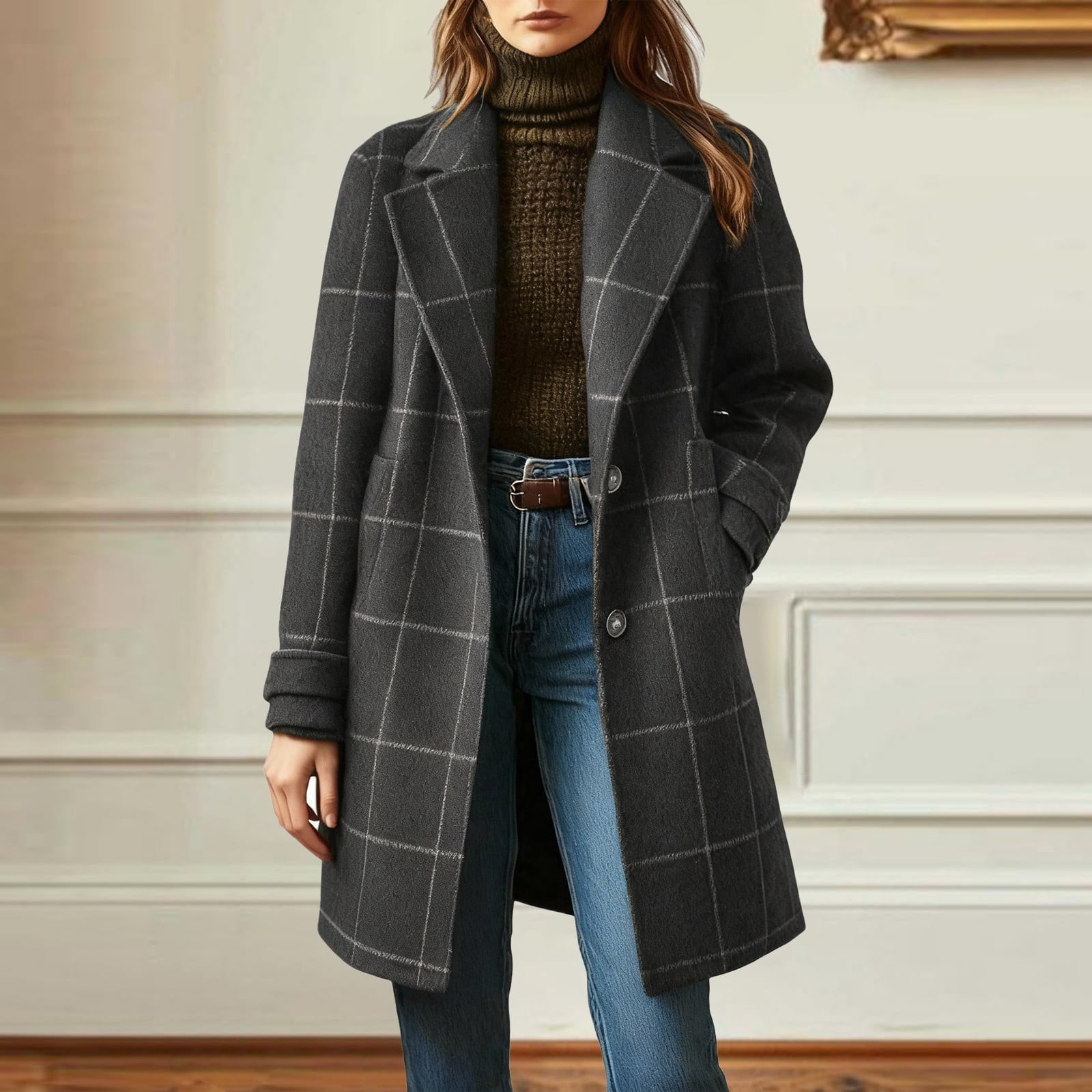Women's Retro Plaid Coat, Mid-Length Notch Lapel Trench Jacket, Classic ...