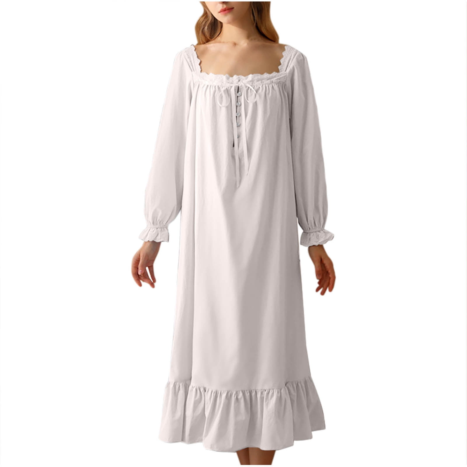 Women's Retro Victorian Nightgown Cotton Long Sleeve Nightdress Square ...