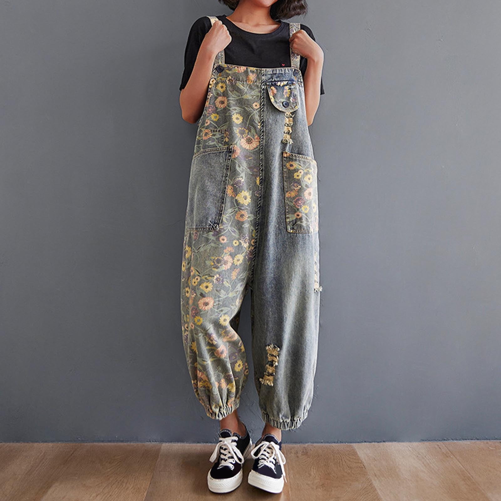 Women's Retro Vintage Embroidery Ripped Jeans With Belt And Baggy Linen ...