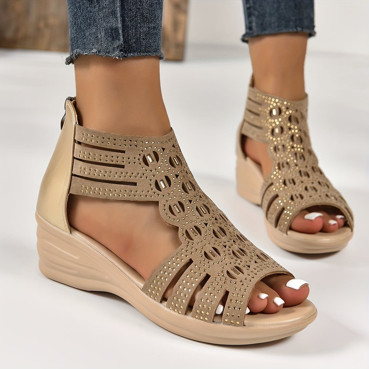 Women's Rhinestone Decor Wedge Sandals, Casual Cutout Design Summer ...