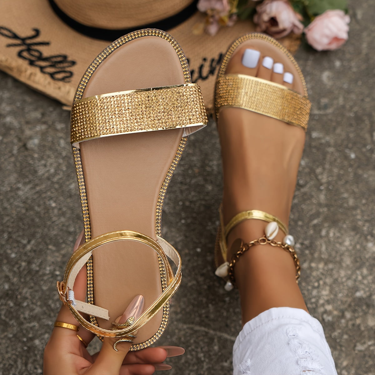 Women's Rhinestone Flat Sandals, Open Toe Ankle Strap Summer Shoes ...