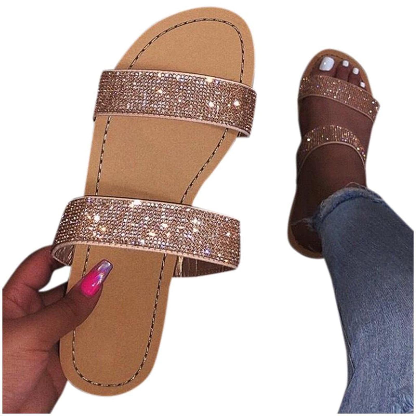 Women's Rhinestone Slide Sandals Open Toe Two Strap Slip On Flat ...