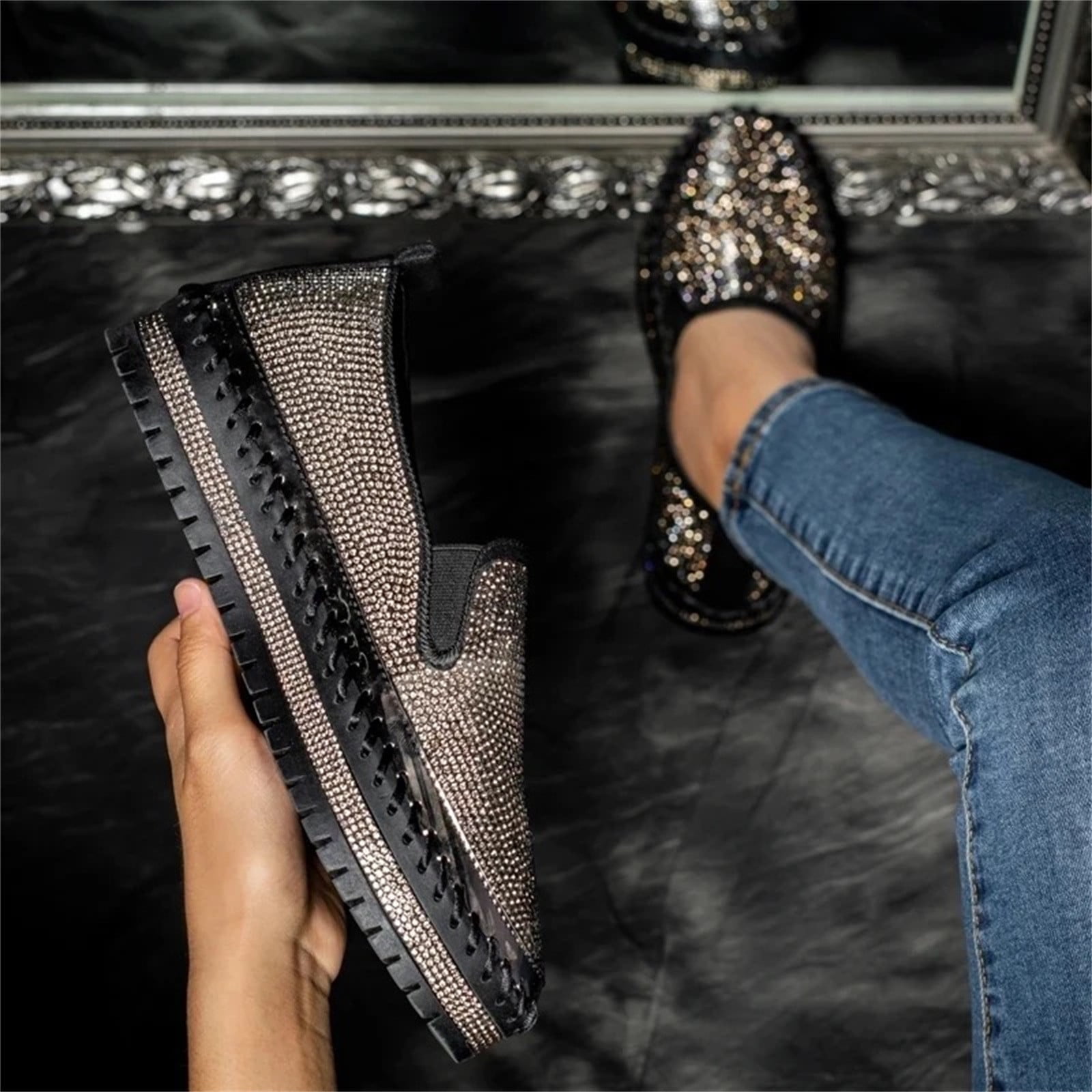 Women's Rhinestone Slip-On Sneaker Casual Flat Loafers Flat Sole Single ...