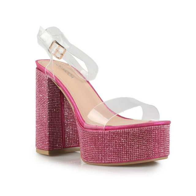 Women's Rhinestones Clear Strap Platform Block Heeled Sandals - Walmart.com