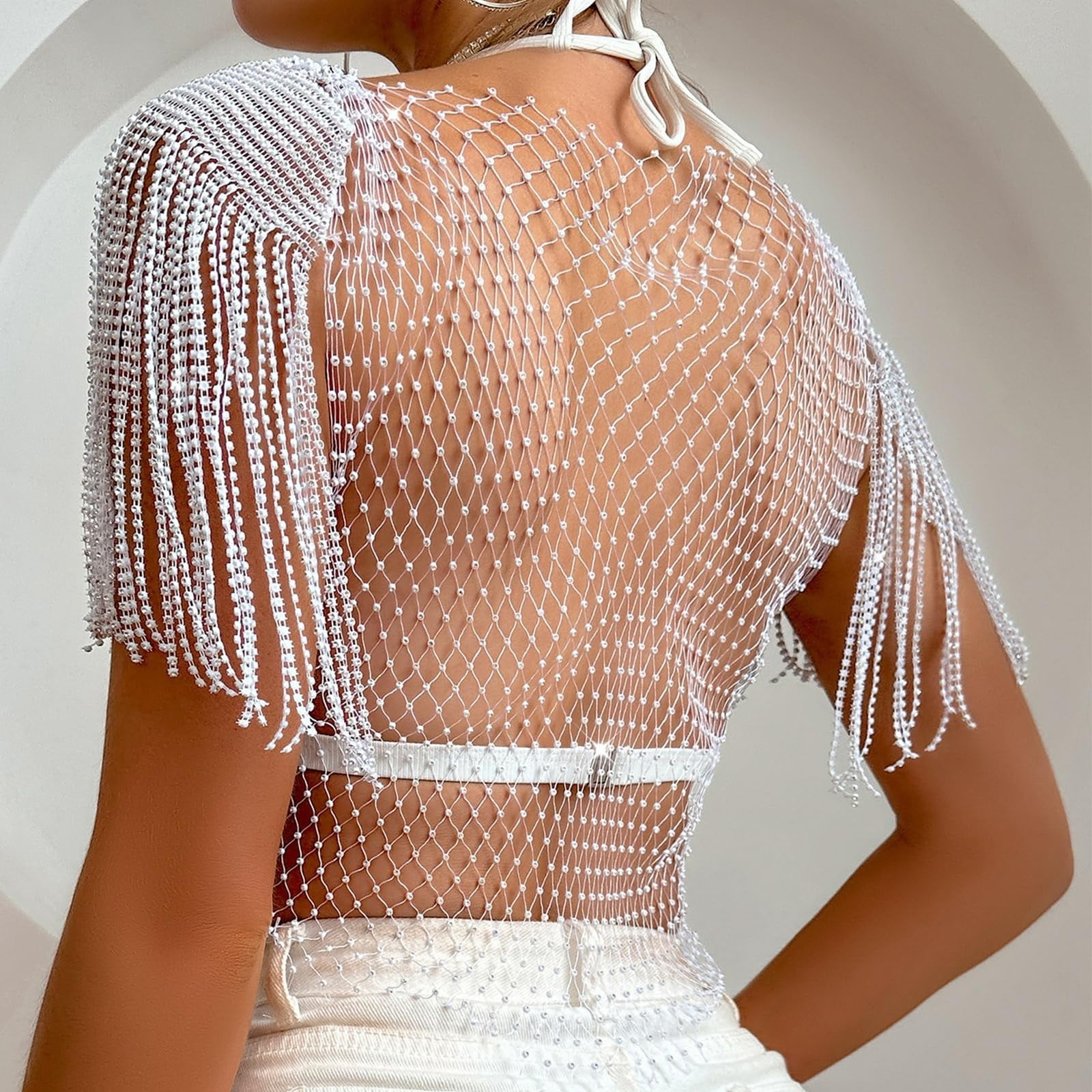 Women’s Rhinestones Crop Tank Top Sleeveless Fringe Shawl Wrap See ...