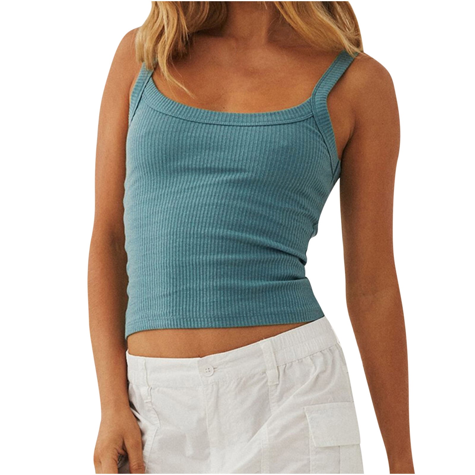 Women's Ribbed Cami Tops Spaghetti Strap Sleeveless Slim Fitted ...