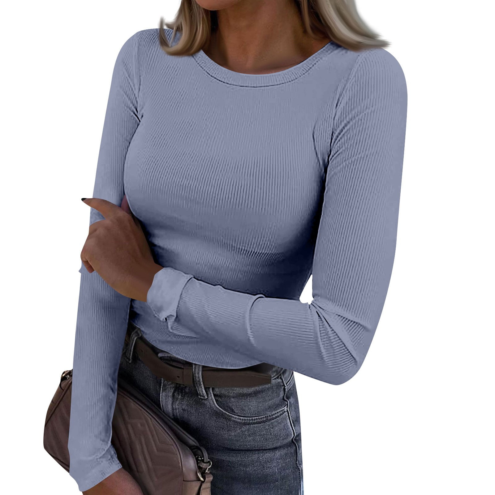 Women's Ribbed Knit Long Sleeve Plain Shirts Stretch Round Neck Solid ...