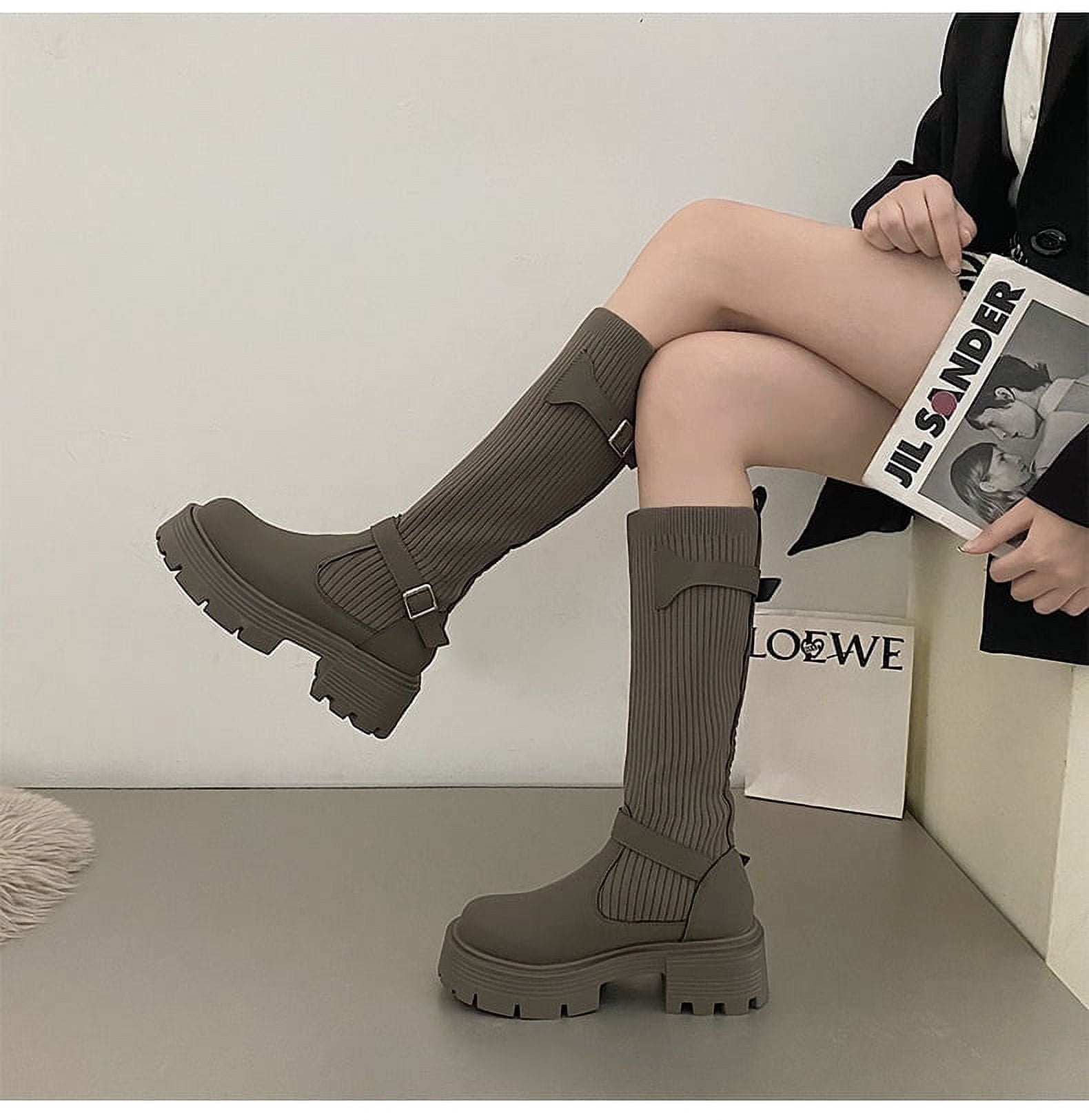 Women's Ribbed Platform Boots Round Toe High Heel Casual Boots Long ...