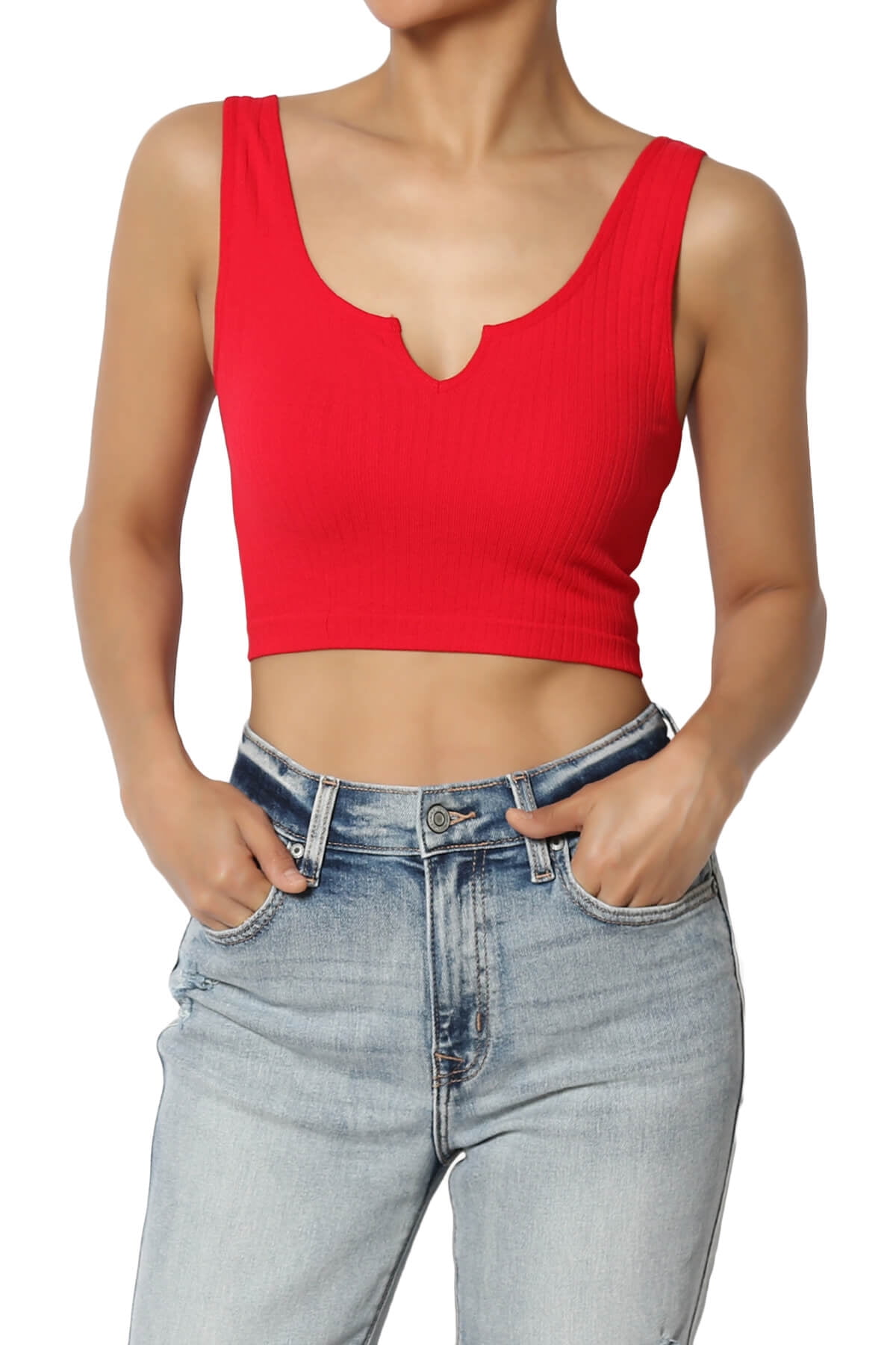 Women's Ribbed Seamless Bra Top Sleeveless Split Scoop Neck Vest Crop ...