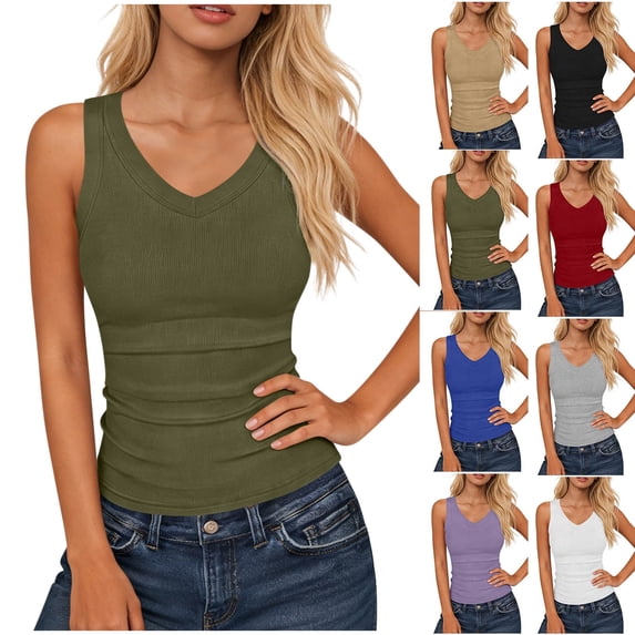 Women’s Ribbed Tank Top Sleeveless V Neck Fitted Basic Top Soft Stretch ...