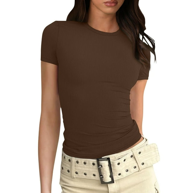 Womens Ribbed Tops Slim Fit Round Neck Short Sleeve Stretchy Solid