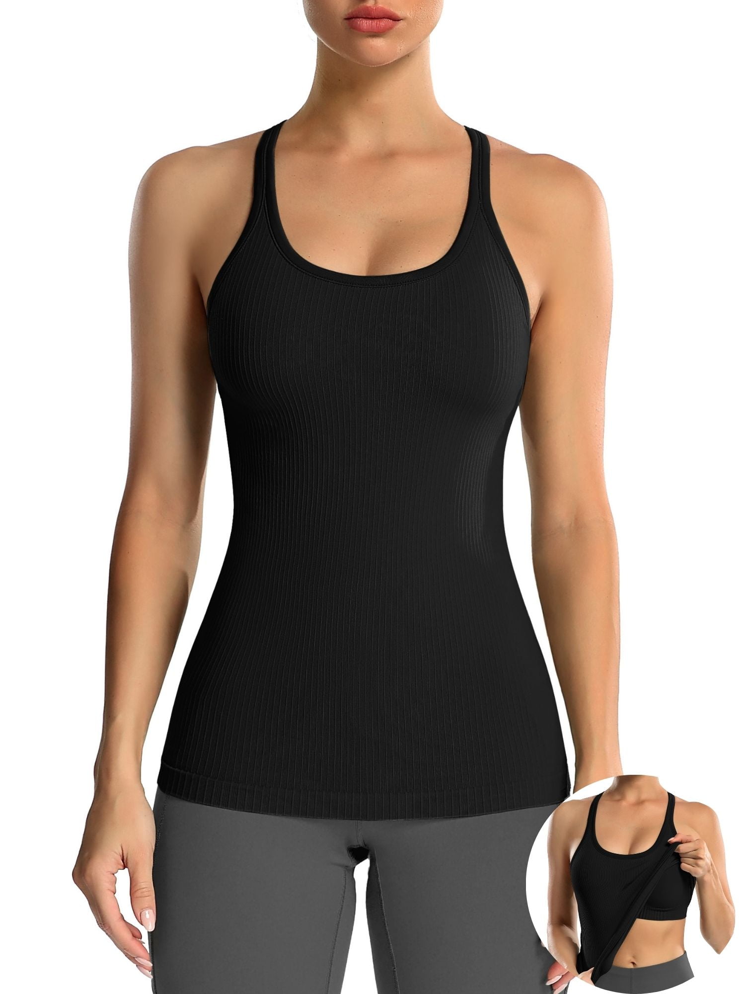 BeautyIn Women's Ribbed Racerback Athletic Tank Top with Built-in Bra ...