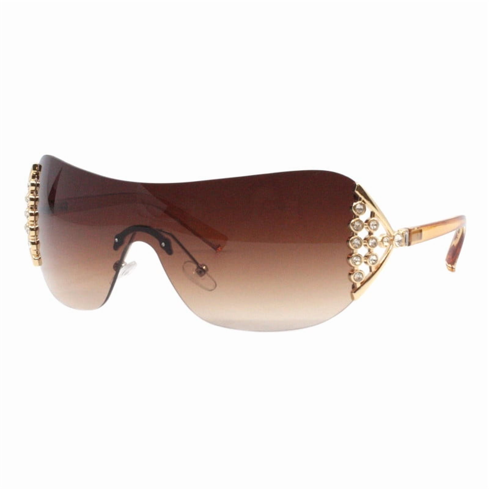 Women's Rimless Shield Sunglasses Rhinestones Sides UV400 Brown ...