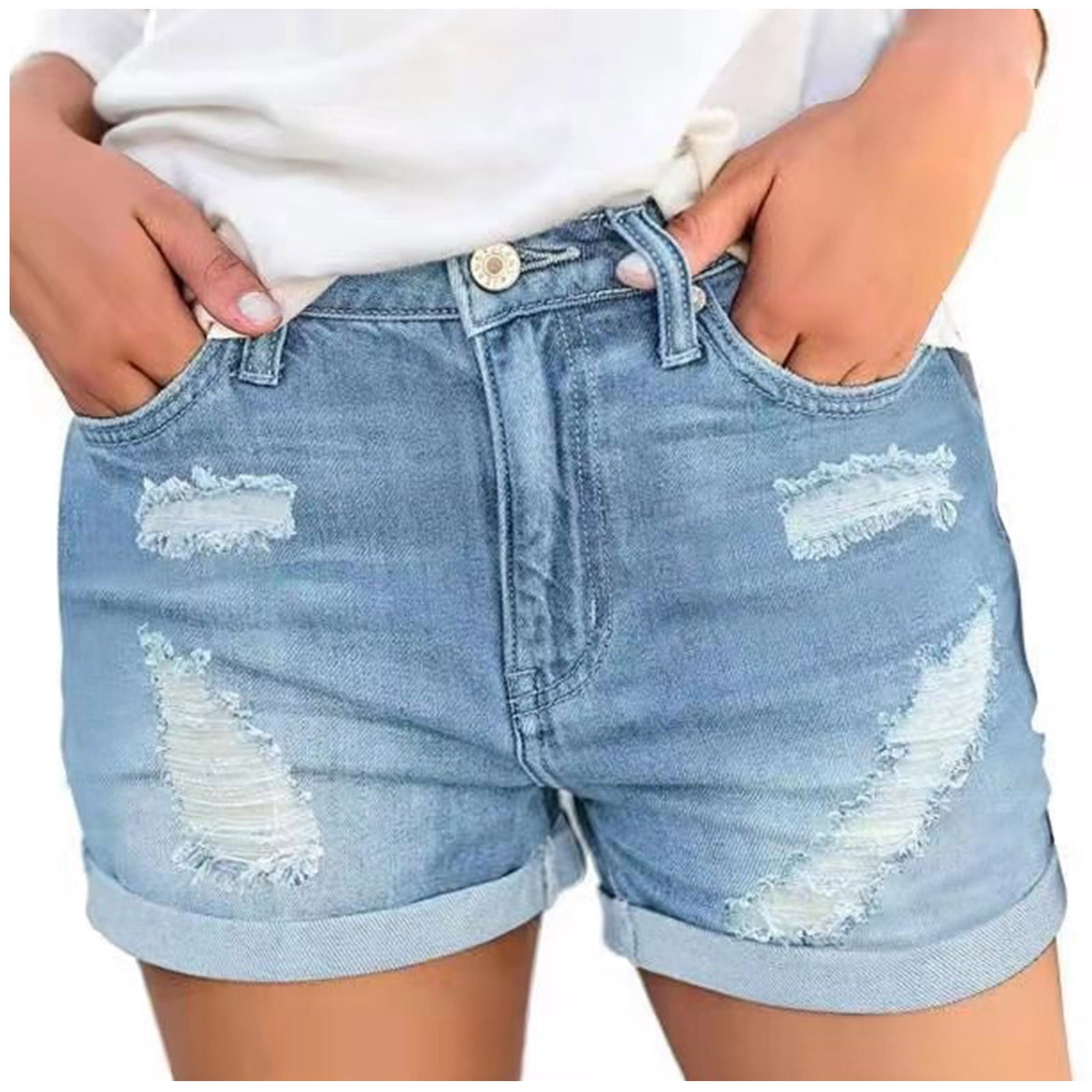 Women's Ripped Denim Jean Shorts Solid Retro High Waisted Rolled Hem ...