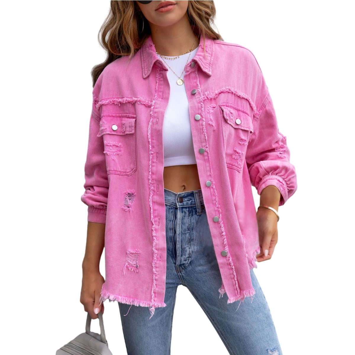 Women's Ripped Distressed Denim Jacket Casual Long Sleeve Boyfriend ...