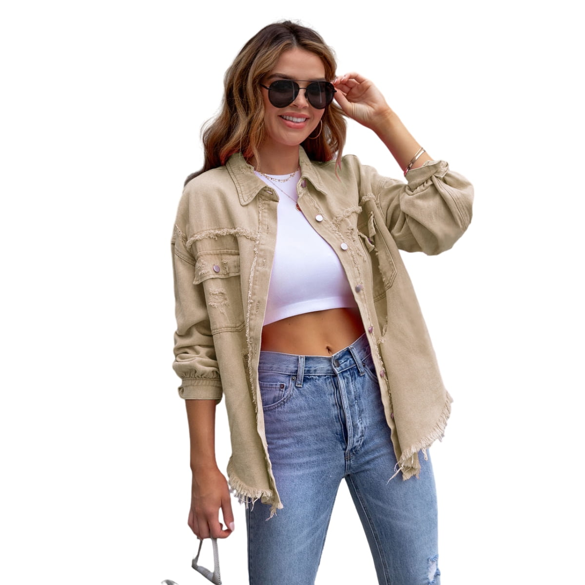 Women's Ripped Distressed Denim Jacket Casual Long Sleeve Boyfriend ...