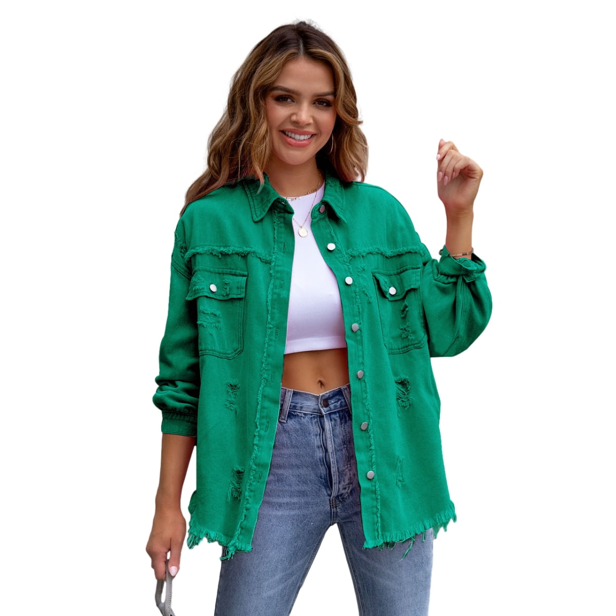 Women's Ripped Distressed Denim Jacket Casual Long Sleeve Boyfriend ...