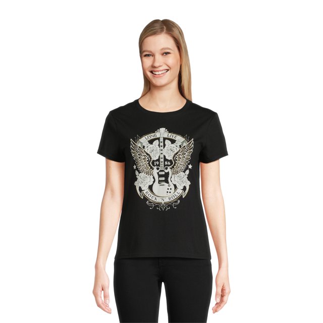 Women’s Rock and Roll Graphic Tee with Short Sleeves, Sizes XS-XXXL - Walmart.com