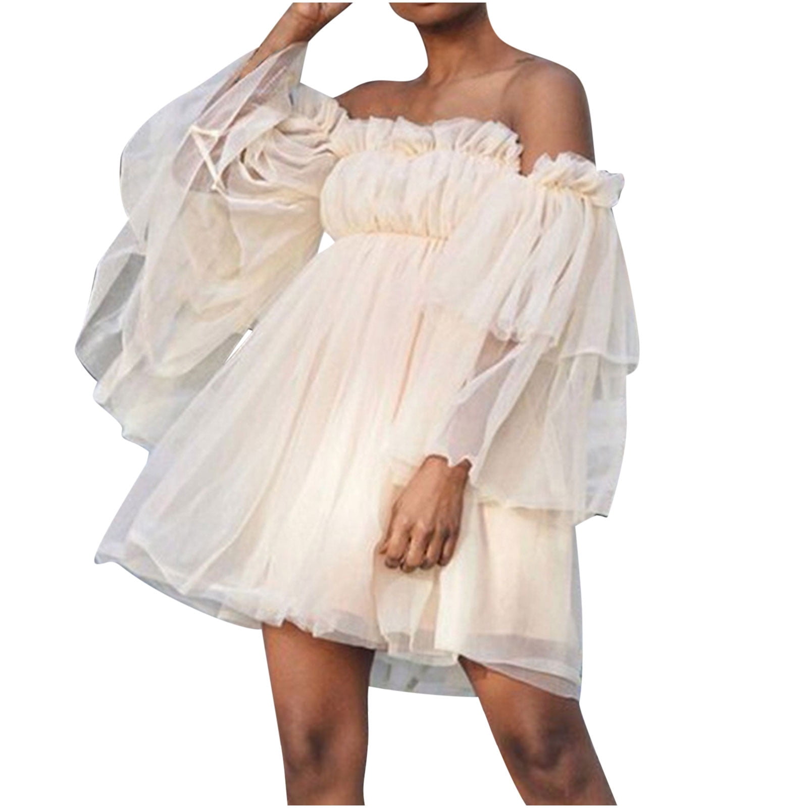 Women's Romantic Off Shoulder Flounce Long Sleeve Wedding Ruffle Mesh ...
