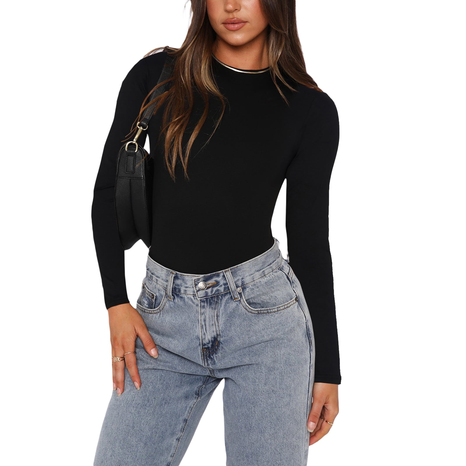 Women’s Round Neck Bodysuit, Basic Long Sleeve Solid Color Fitted Skinny Leotard Tops - Walmart.com