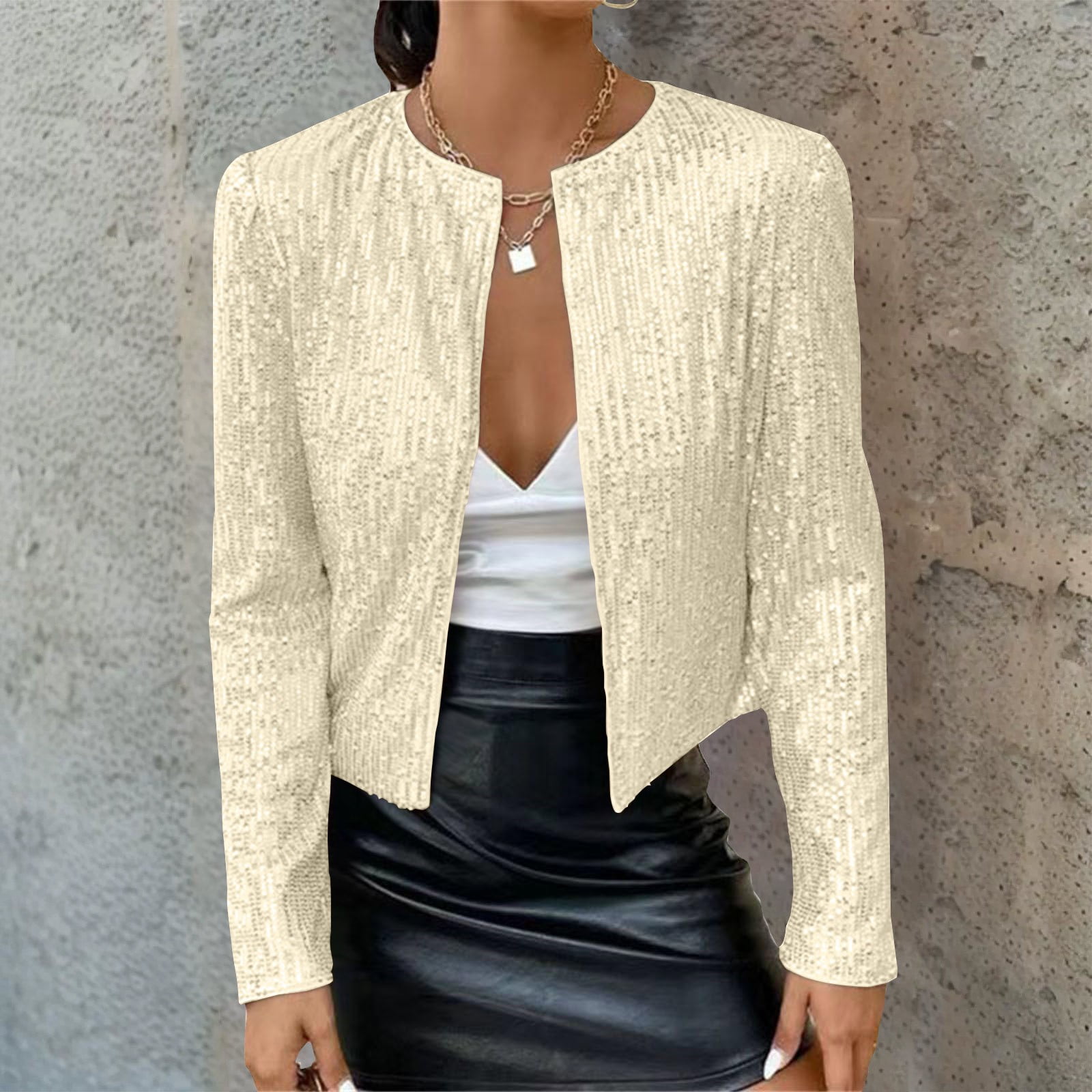 Women's Round Neck Sequin Jacket, Long Sleeve Open Front Cardigan ...