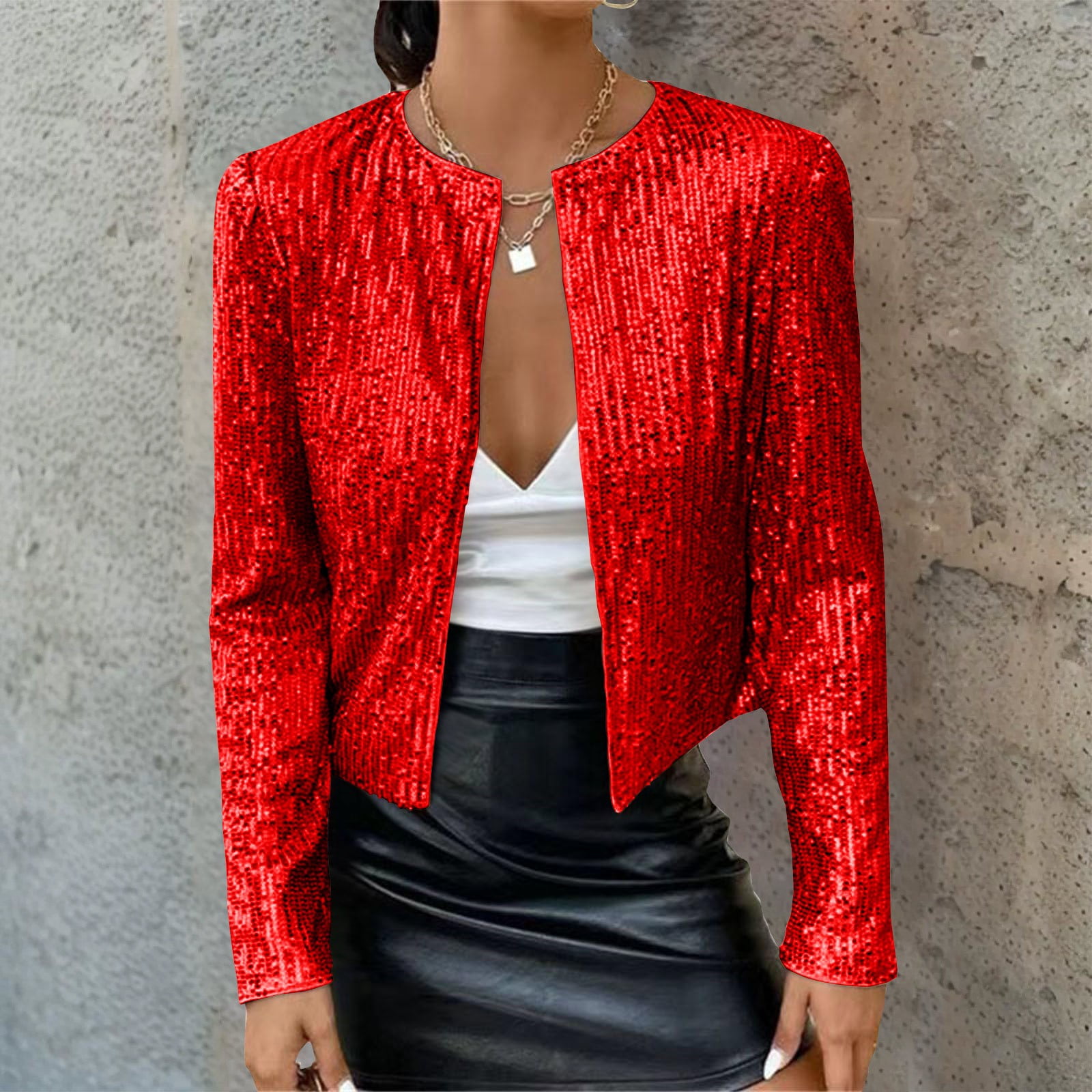 Women's Round Neck Sequin Jacket, Long Sleeve Open Front Cardigan ...