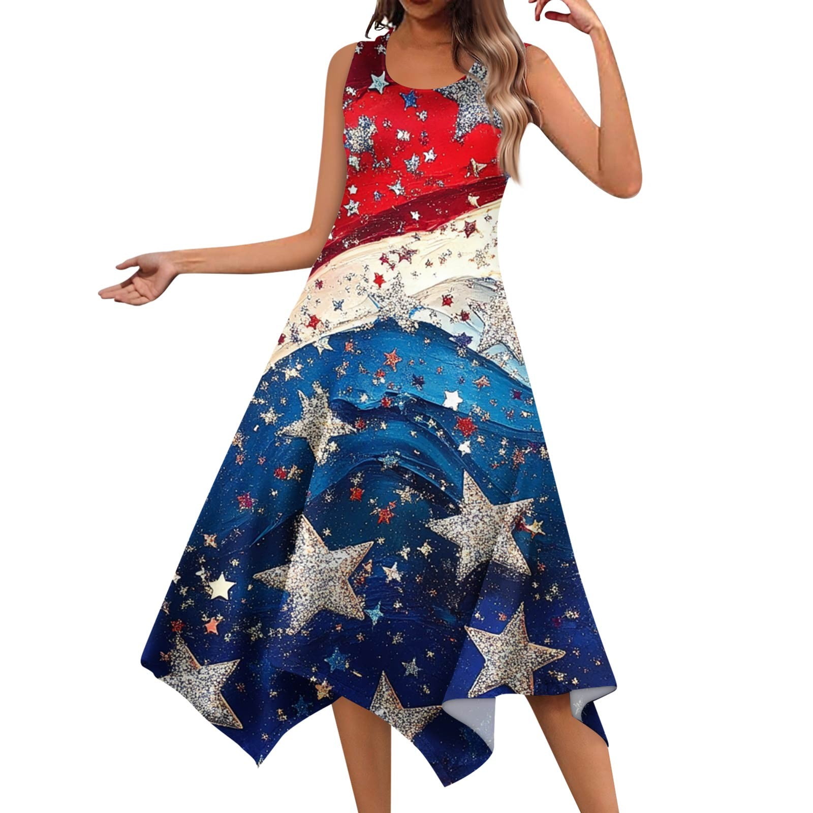 Women's Round Neck Sleeveless Dress Casual Summer Sundress with ...