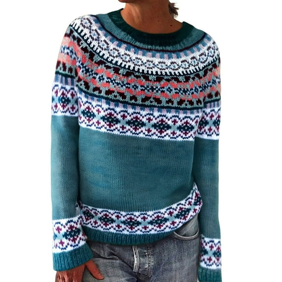 Women's Round Neck Sweater Knitted Vintage Graphic Long Sleeve Casual ...