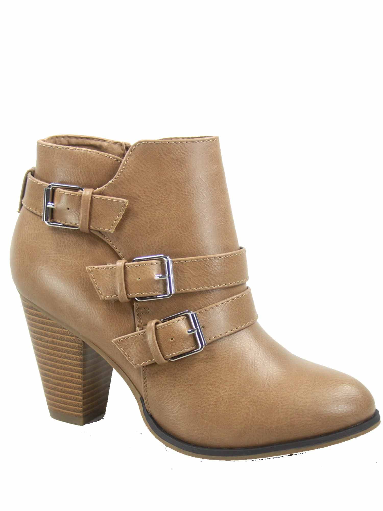 Women's Round Toe Faux Leather Strappy Buckles High Heel Ankle Booties ...